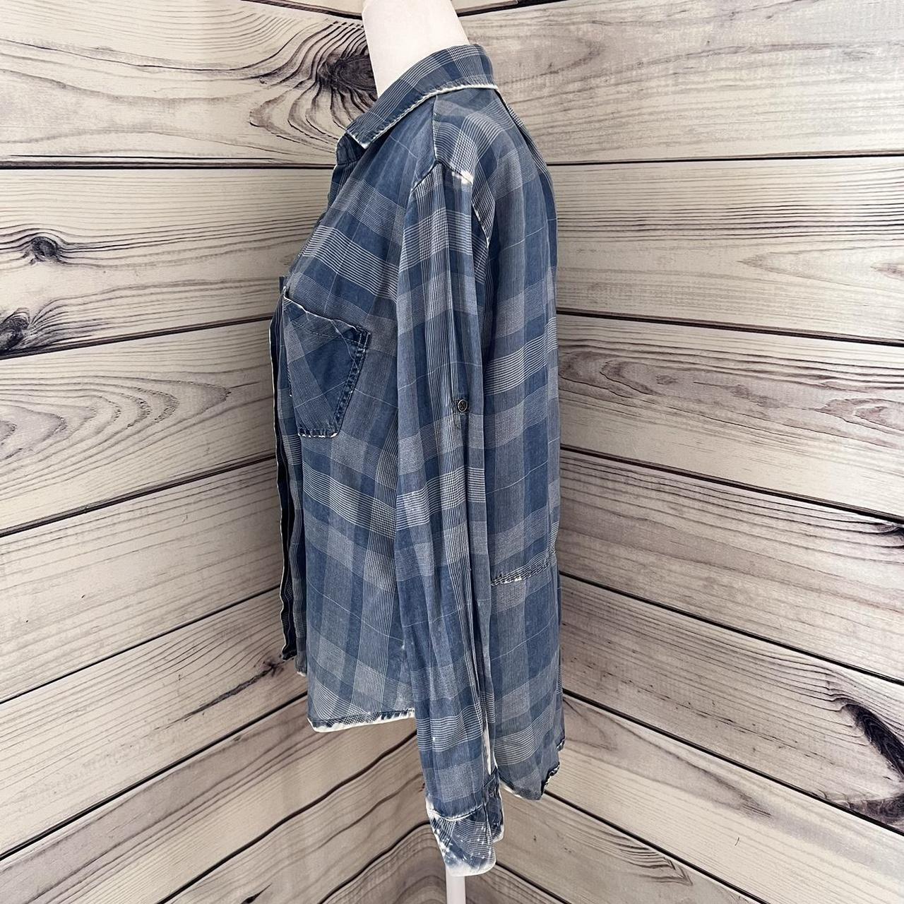Bella Dahl Blue Denim Plaid Distressed Split Back... - Depop