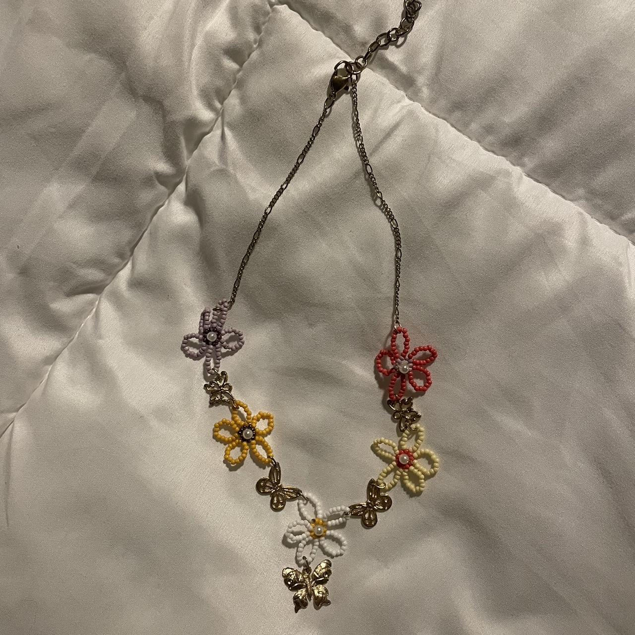 Earthbound Beaded Flower and Butterfly Necklace with... - Depop