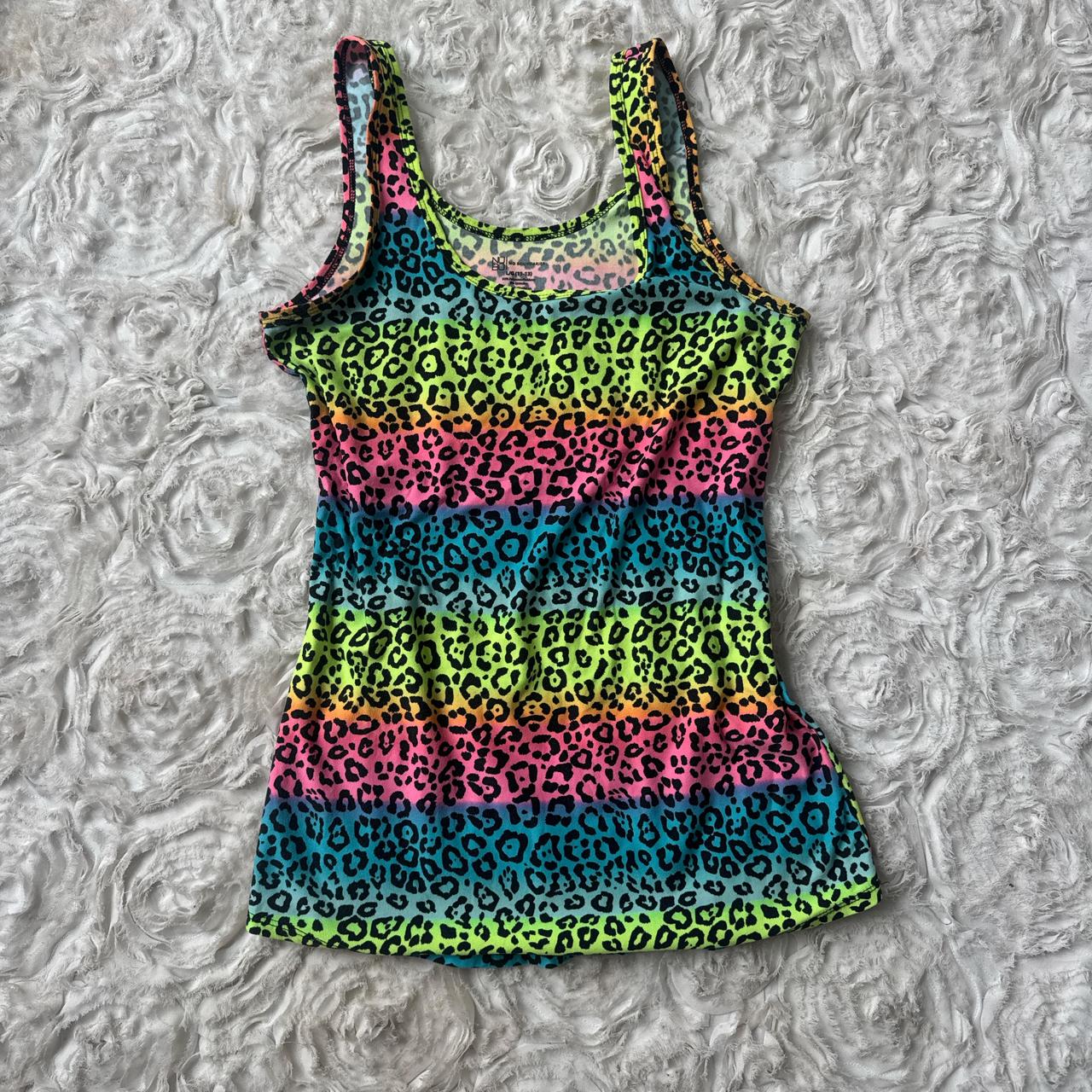 Neon rainbow leopard print scene tank top... | Depop