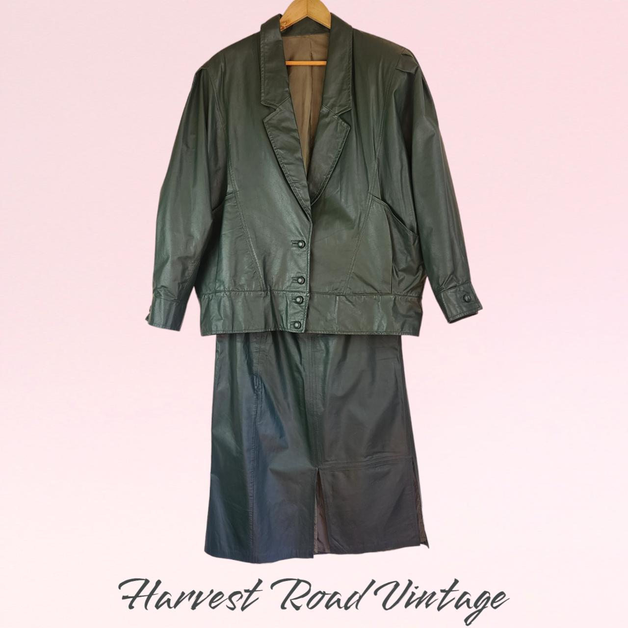 1980s Vintage Green Leather Skirt Suit Set, Size 18... - Depop
