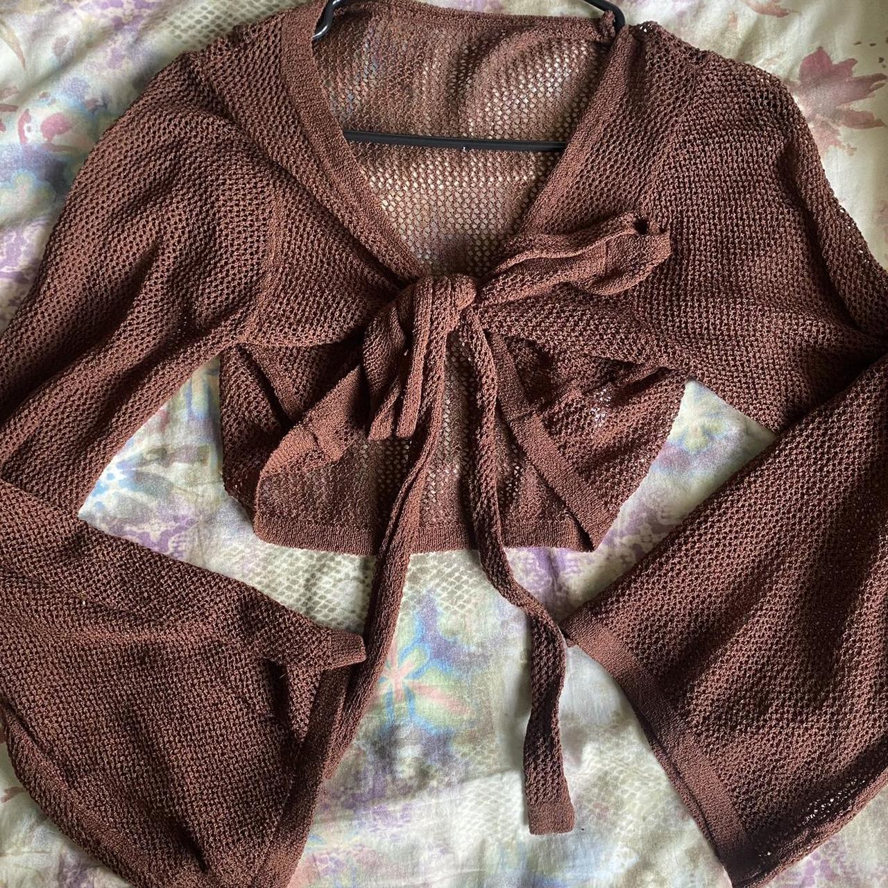 Brown mesh tie up cardigan crop top