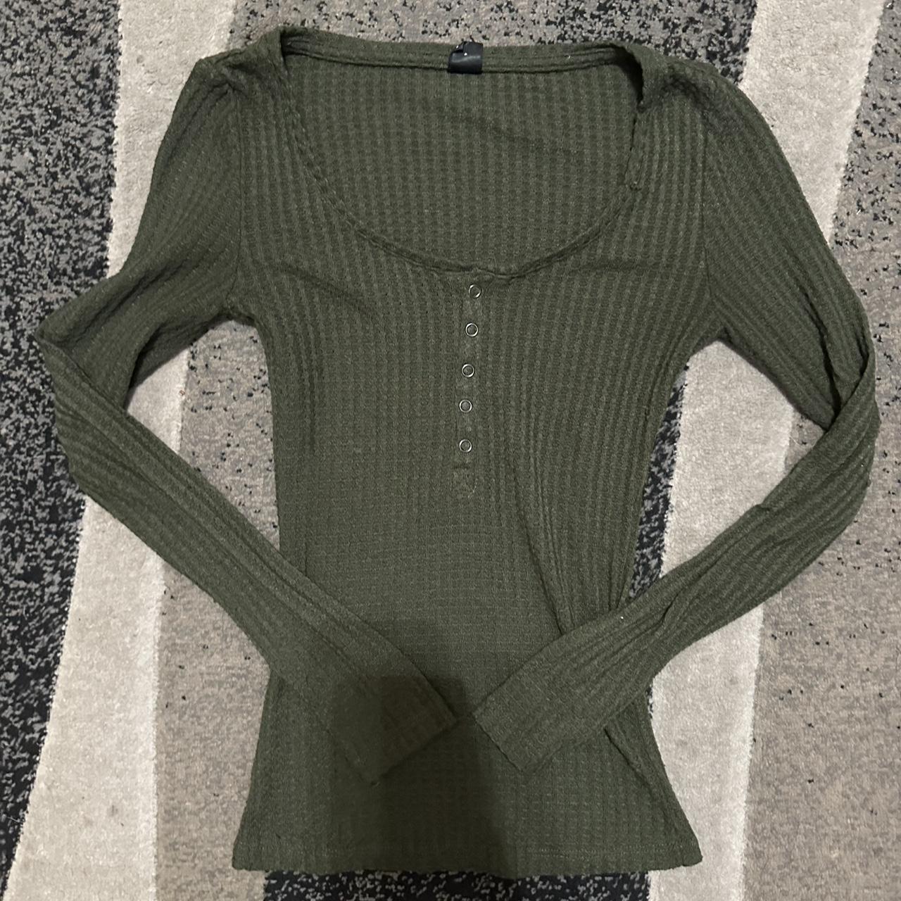 SHEIN Army Green Waffle Button-up Henley Long Sleeve... - Depop