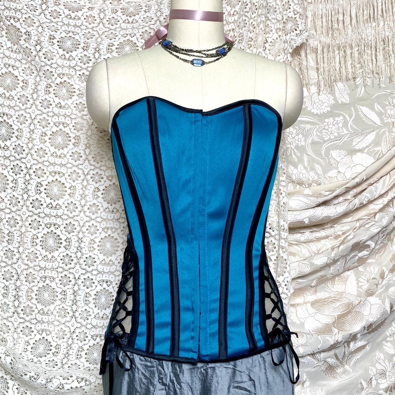 Y2K teal blue corset top with black lace up back and... - Depop