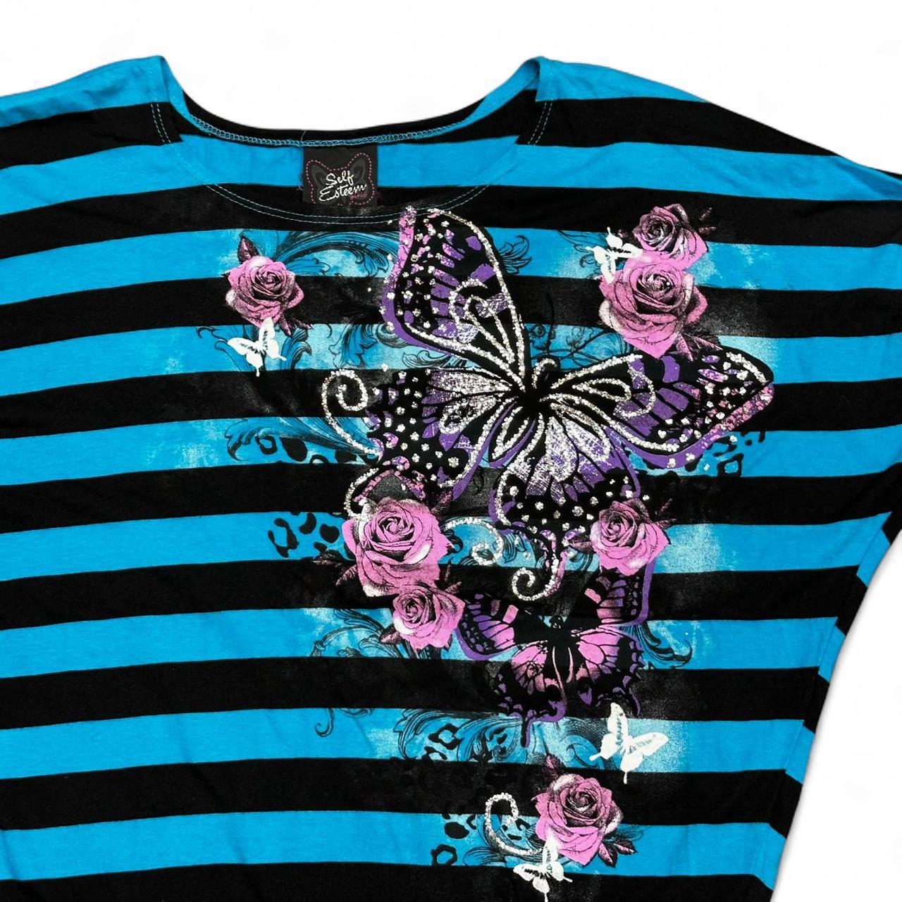 Blue and black striped butterfly top #scenecore... | Depop