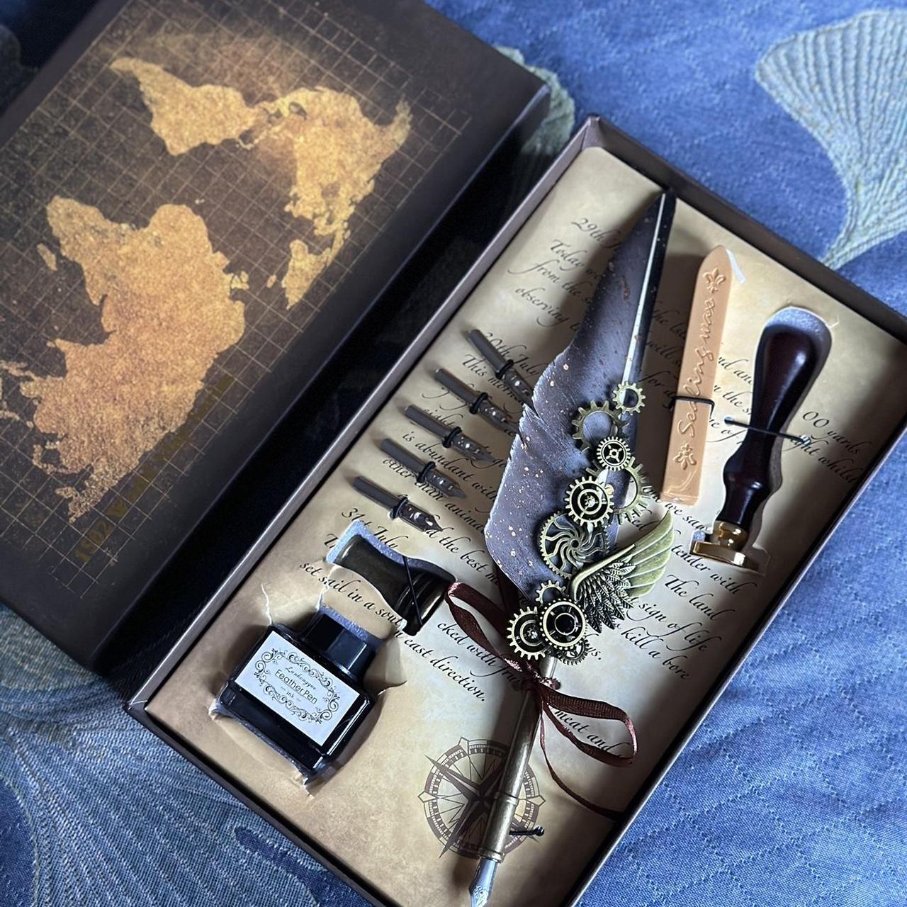 Steampunk-inspired writing set with quill pen, ink,... - Depop