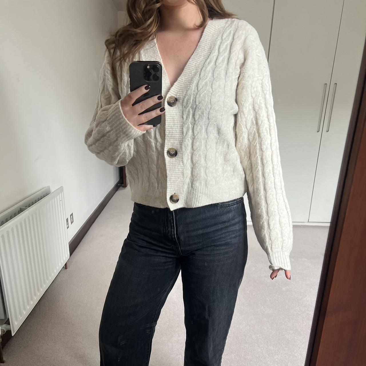 Cream cable knit cardigan sweater - perfect for fall... | Depop