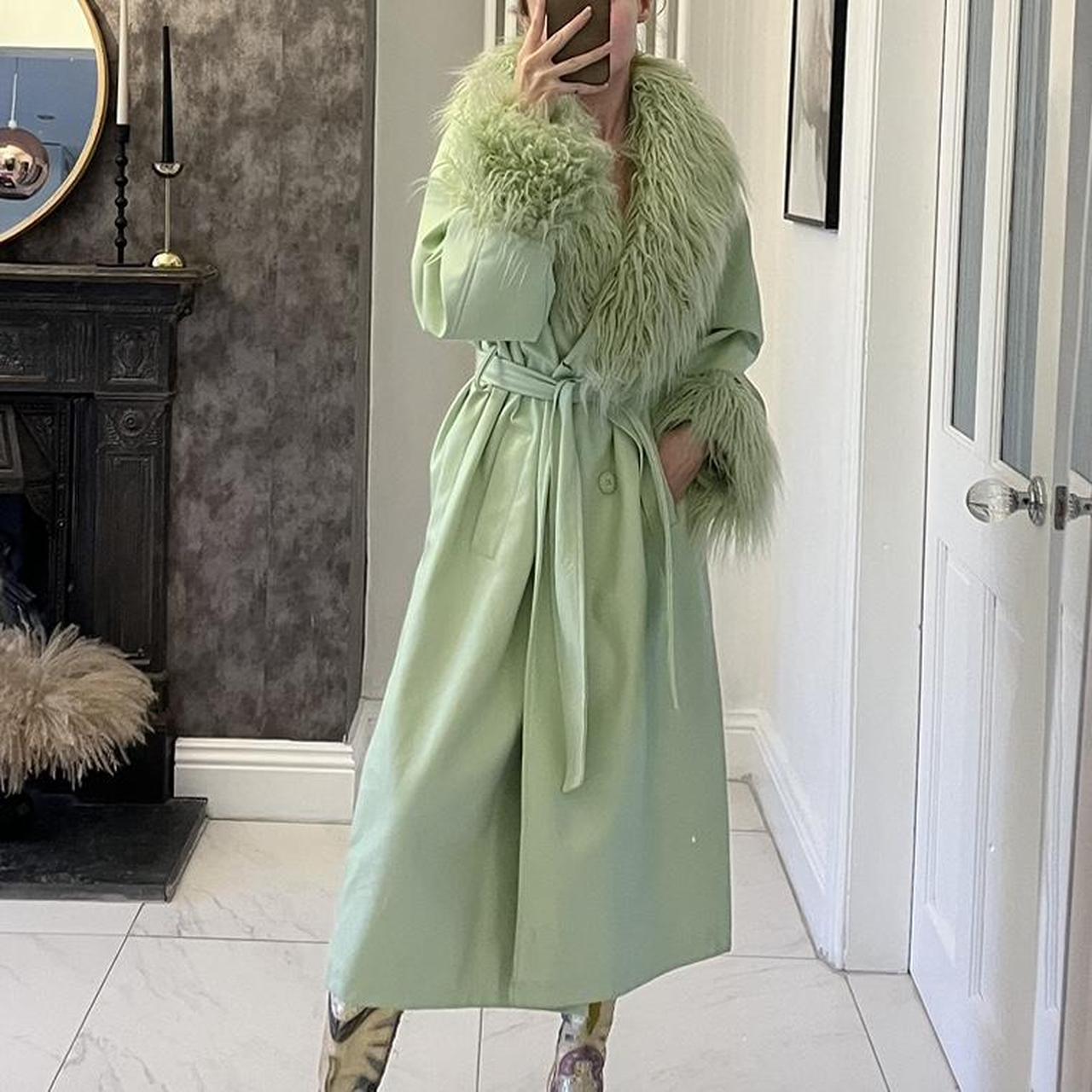 Green leather trench coat fur trim collar and... - Depop