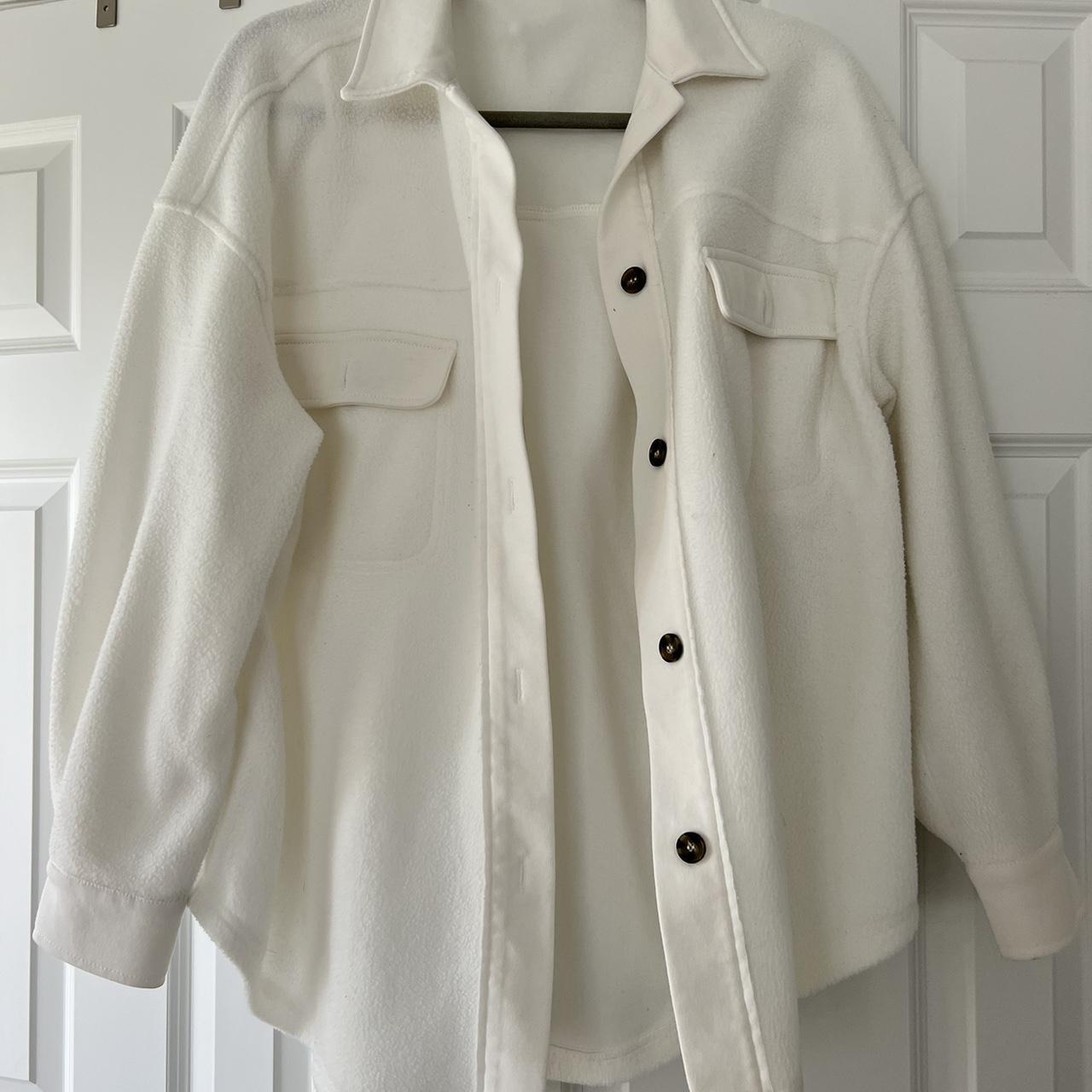 white fleece button down - barely worn - perf... - Depop