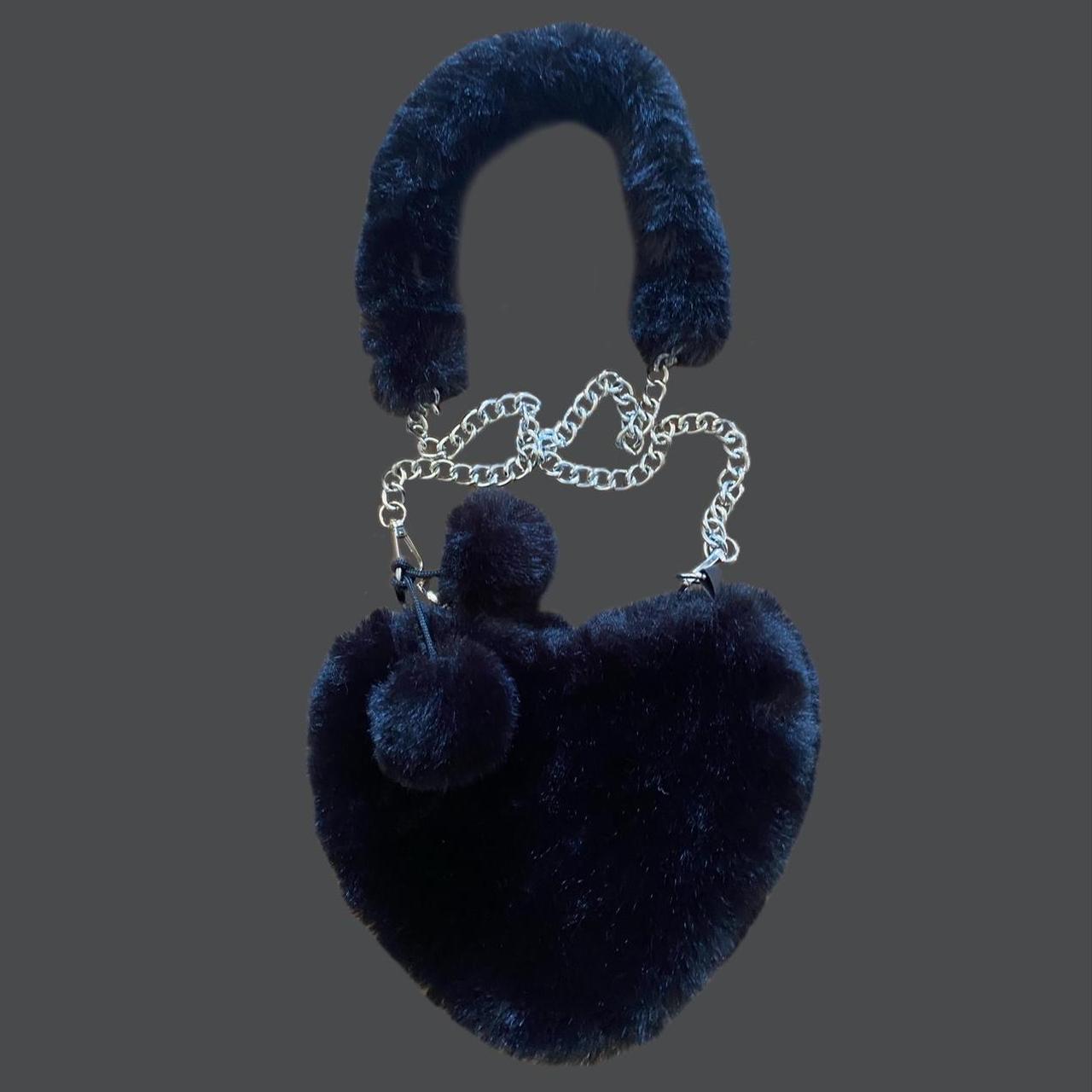 hot topic fluffy black heart shoulder bag with chain... - Depop
