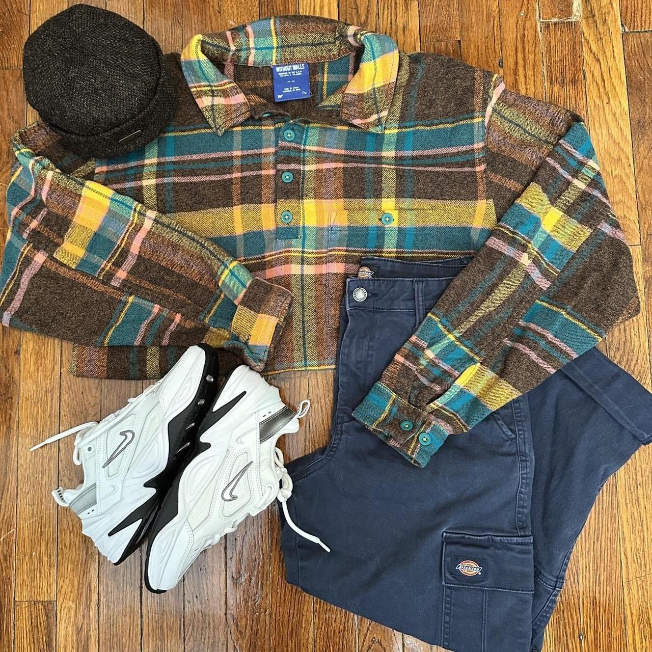 Brown and multi-coloured plaid flannel shirt with a... | Depop