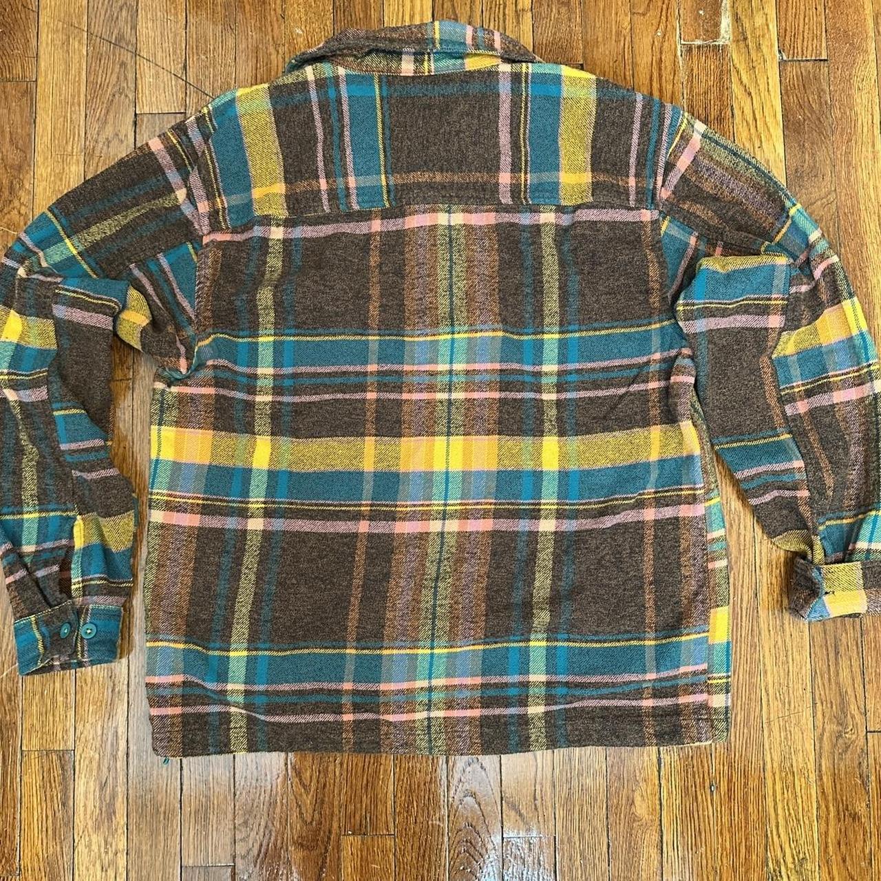 Brown and multi-coloured plaid flannel shirt with a... | Depop