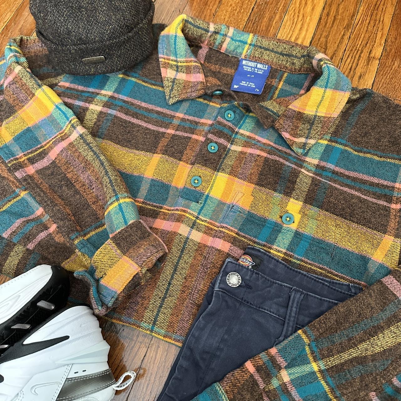 Brown and multi-coloured plaid flannel shirt with a... | Depop