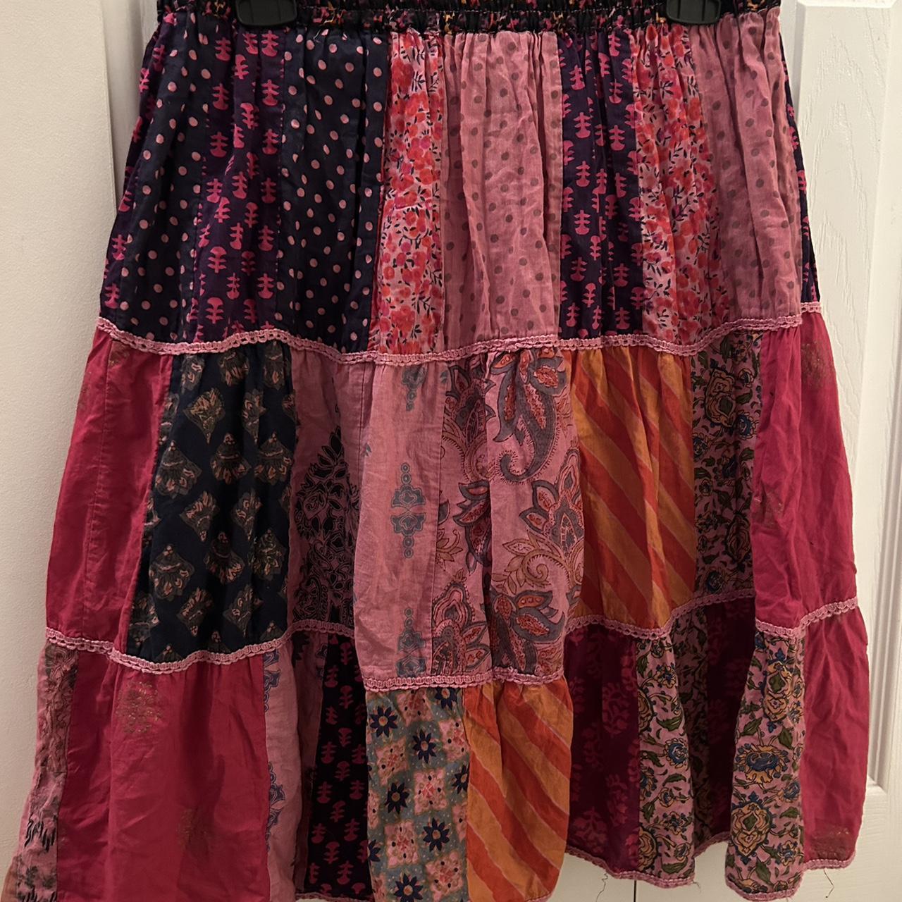 cute patchwork skirt no size tag but fits like a... - Depop