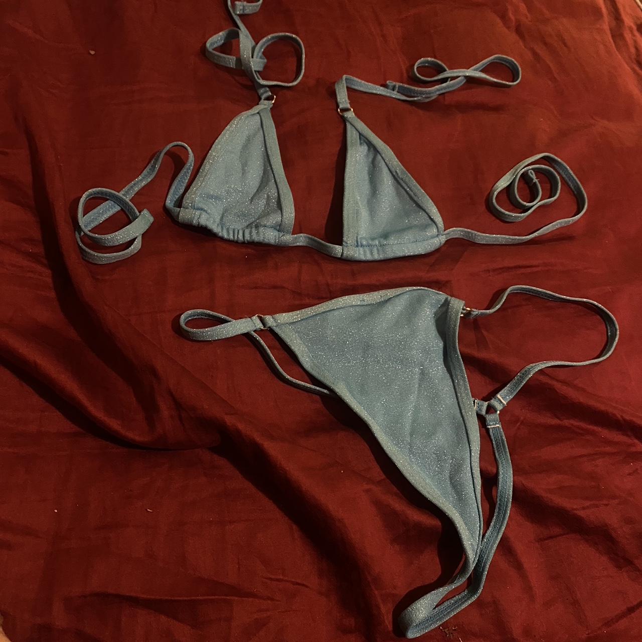 Blue glitter T back Micro bikini club wear size... - Depop