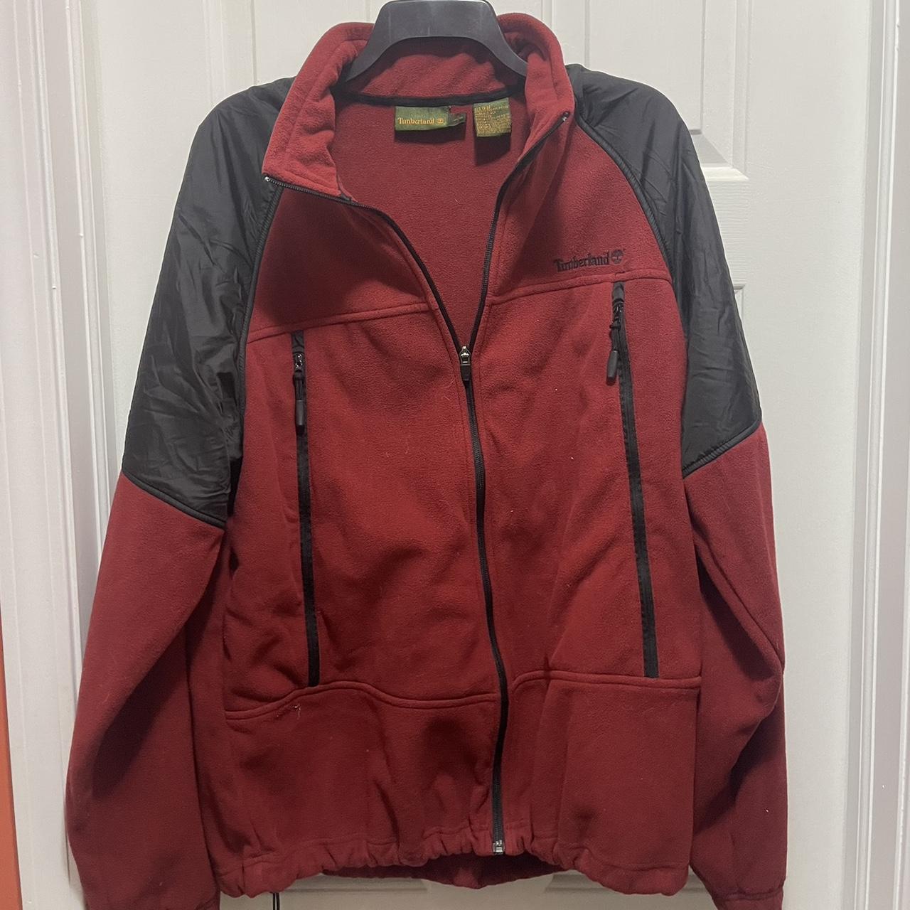 red and black timberland jacket - Depop