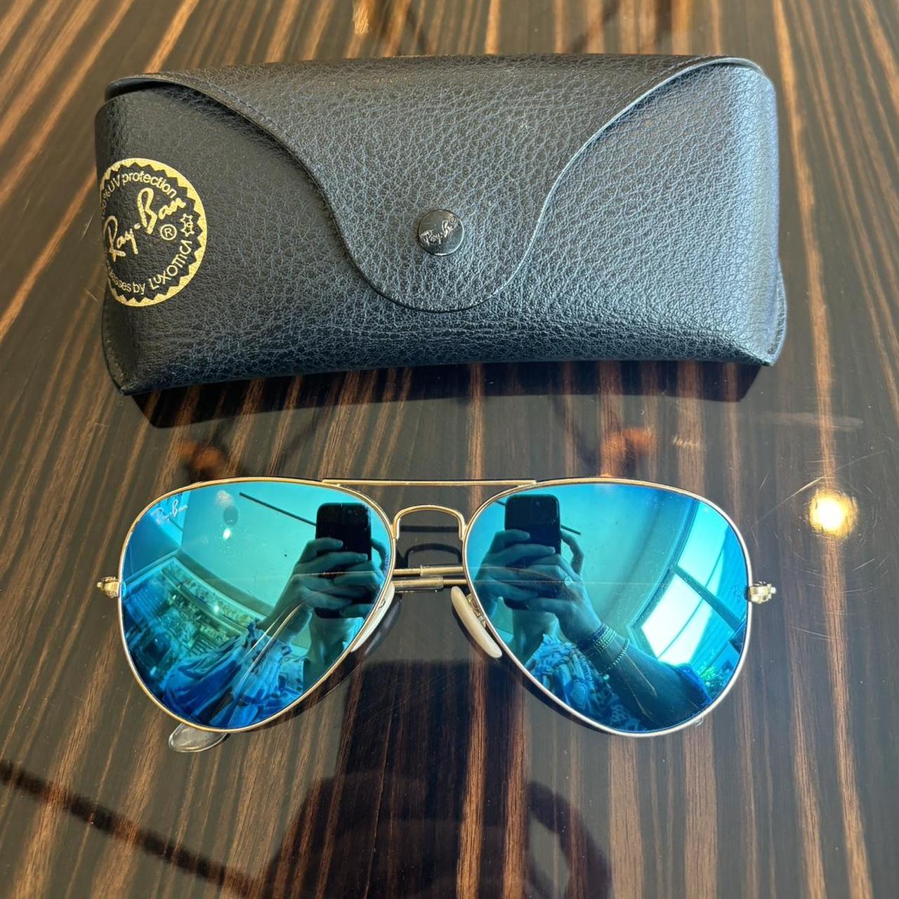 Women's Ray-Ban Aviators RB3025 Blue Lens Gold Frame... - Depop