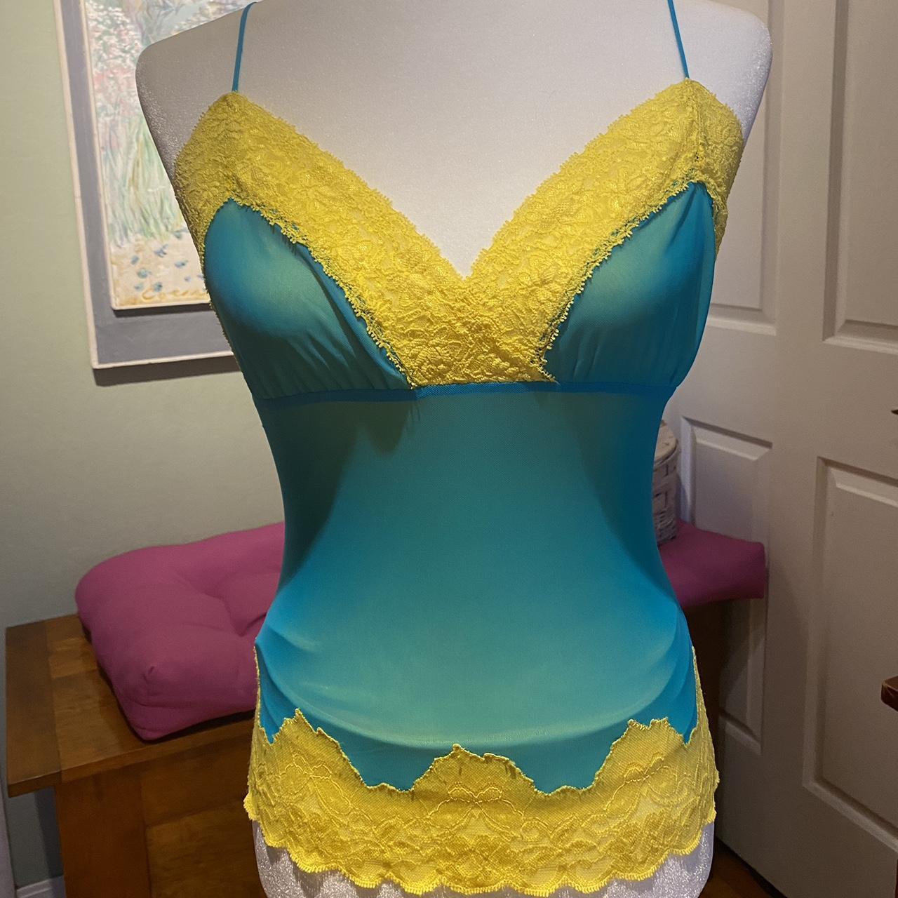 Turquoise & yellow y2k tank top. Never worn. #y2k... - Depop