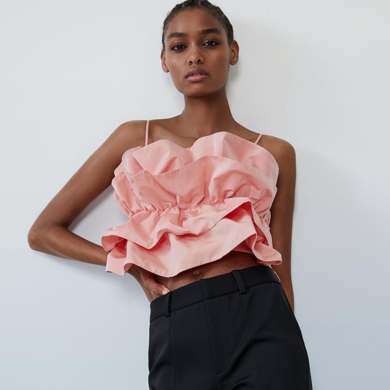 Selling my Zara pink ruffle crop top Size S Ruffle... - Depop