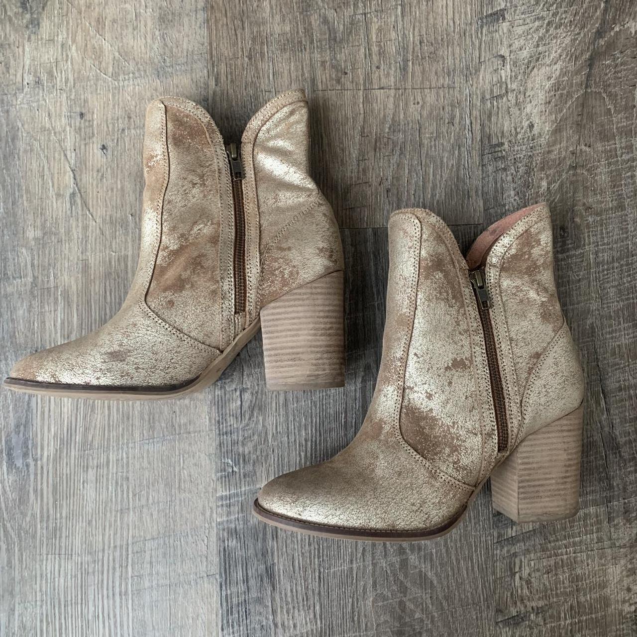 Seychelles Distressed Metallic Gold Leather Boots... - Depop