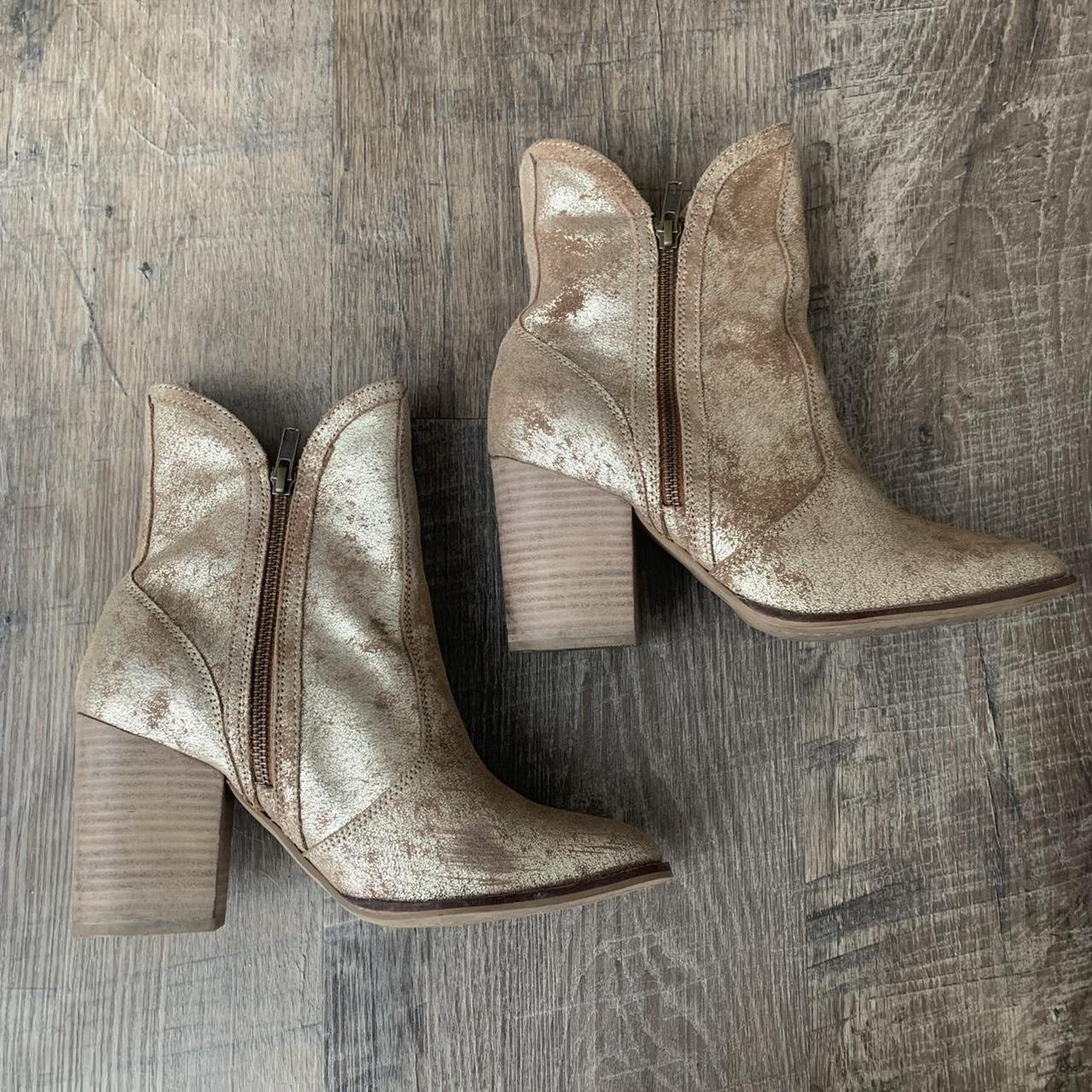 Seychelles Distressed Metallic Gold Leather Boots... - Depop