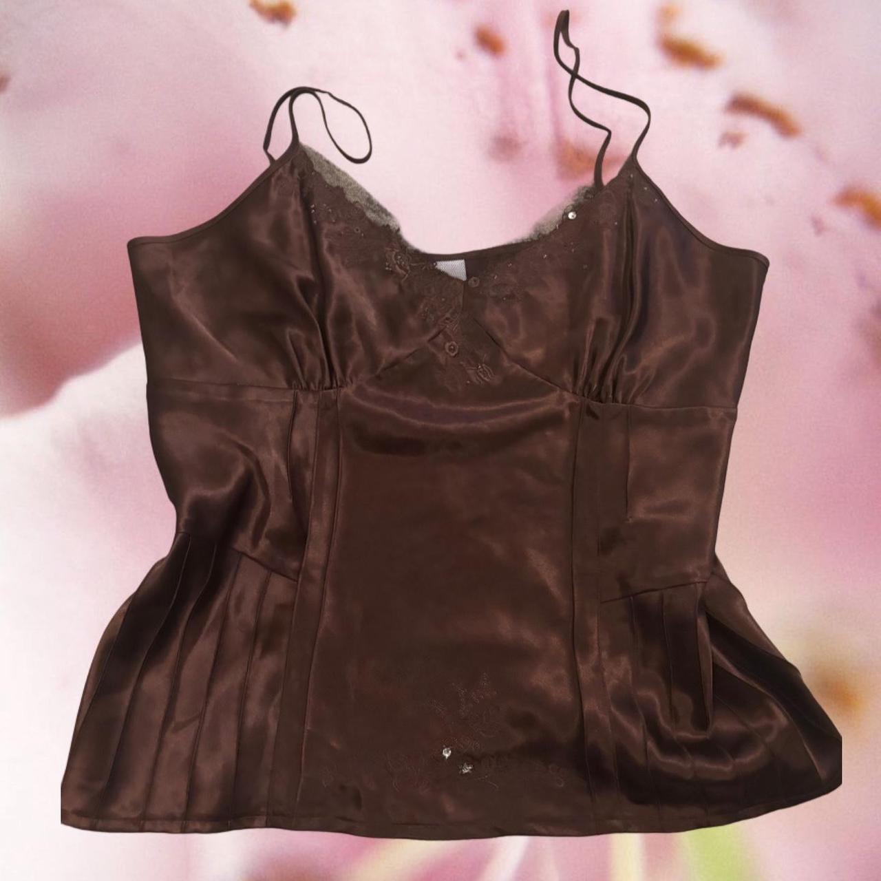 Brown vintage satin cami top with lace details and... | Depop