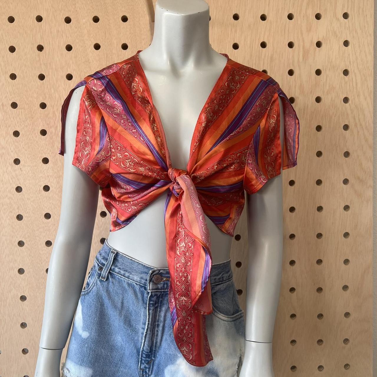 90s cropped tie top 90s does 70s crop top Split... - Depop