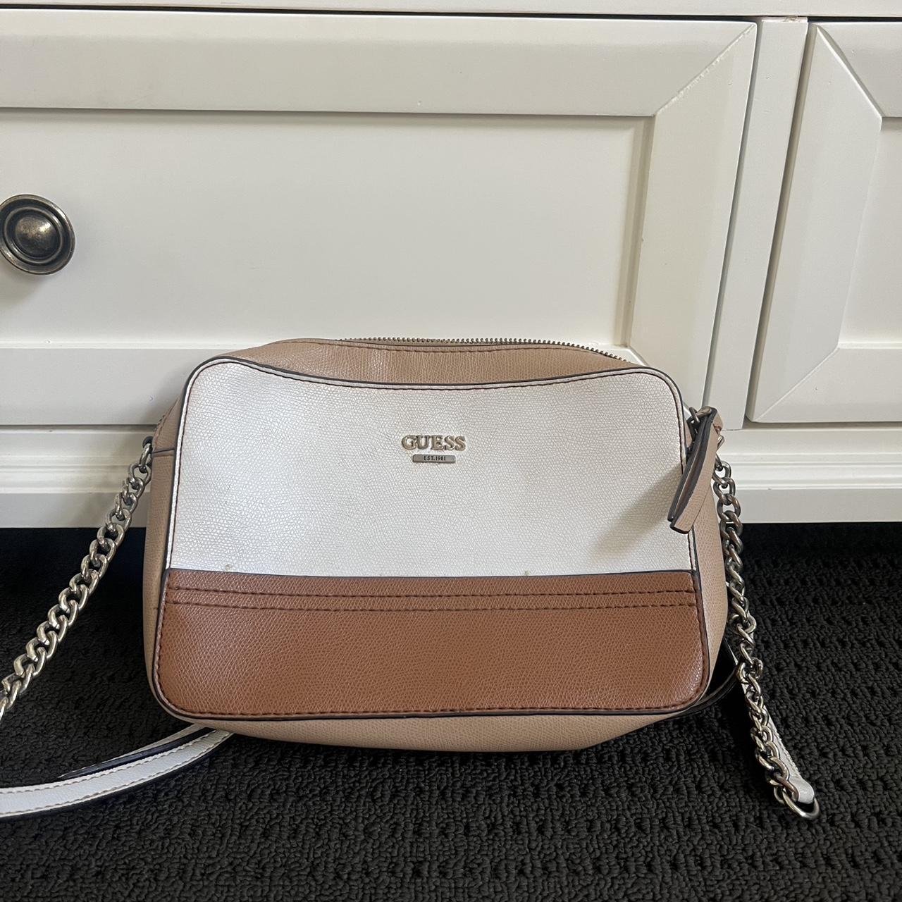Tan and white Guess crossbody bag with silver chain... - Depop
