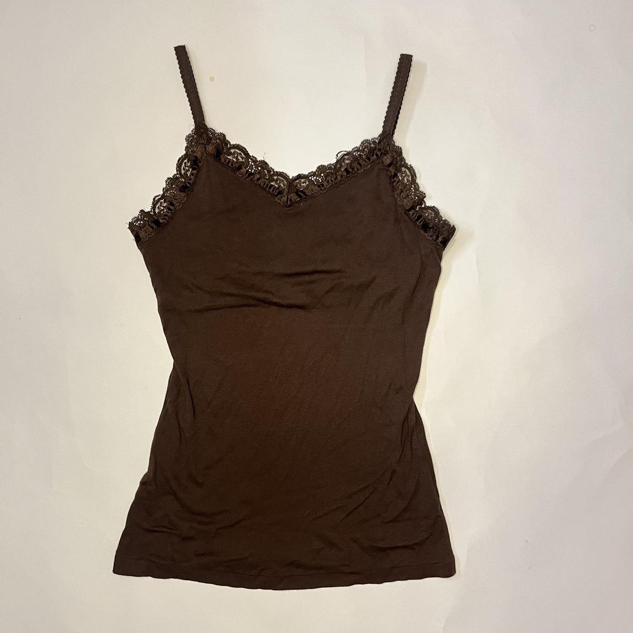 Brown lace trim cami with built in bra - Depop