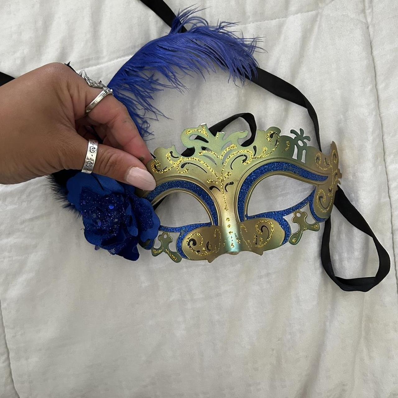 Blue and gold masquerade mask with feather detail... - Depop