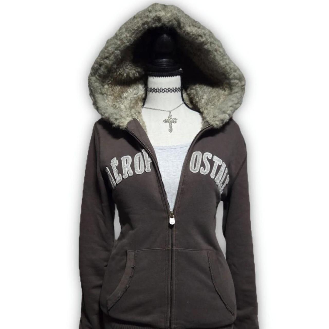 Aeropostale Brown Faux Fur Lined Hoodie Zip... | Depop