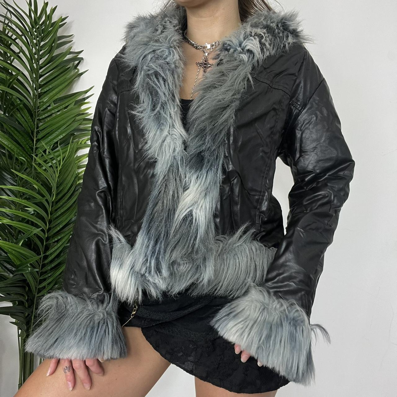 Short black faux leather afghan coat jacket y2k 00s... - Depop