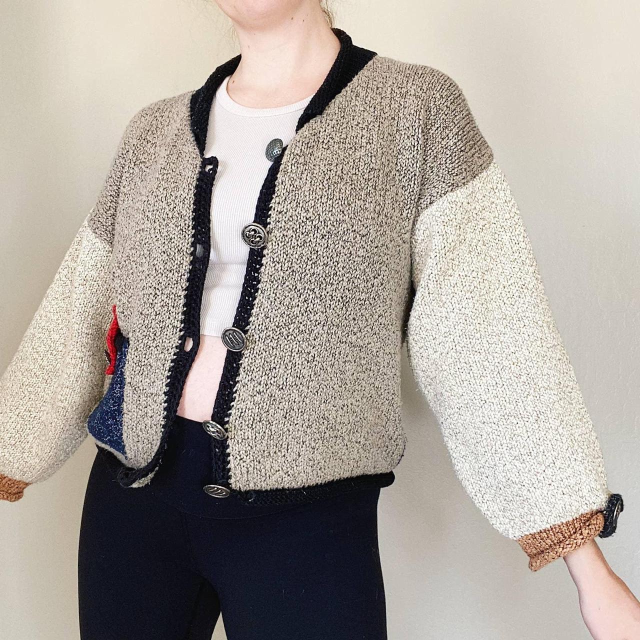 Vintage Colorblock Knit Cardigan Sweater with Patch... - Depop