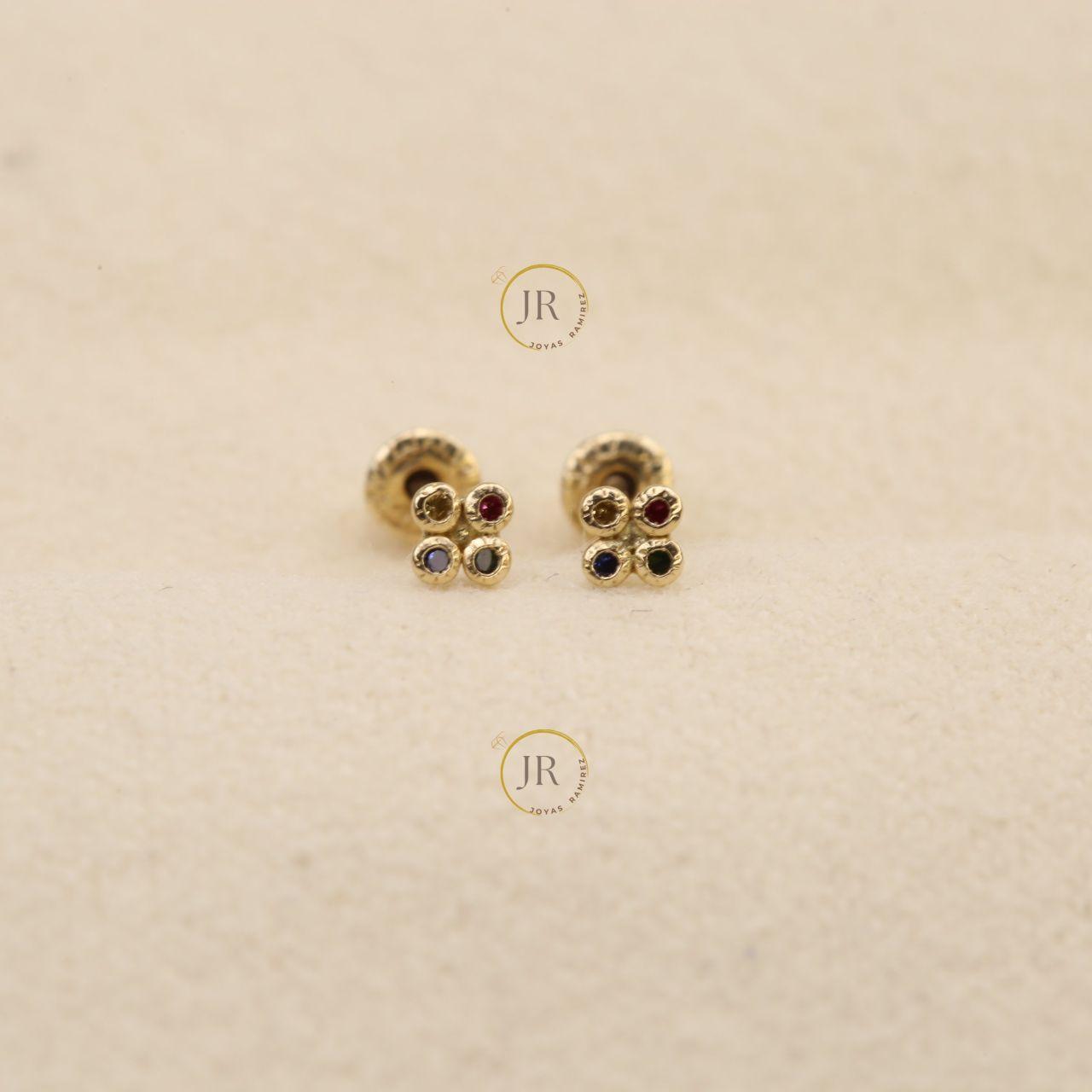 14K Solid Gold Clover Stud Earrings with Multicolor... | Depop