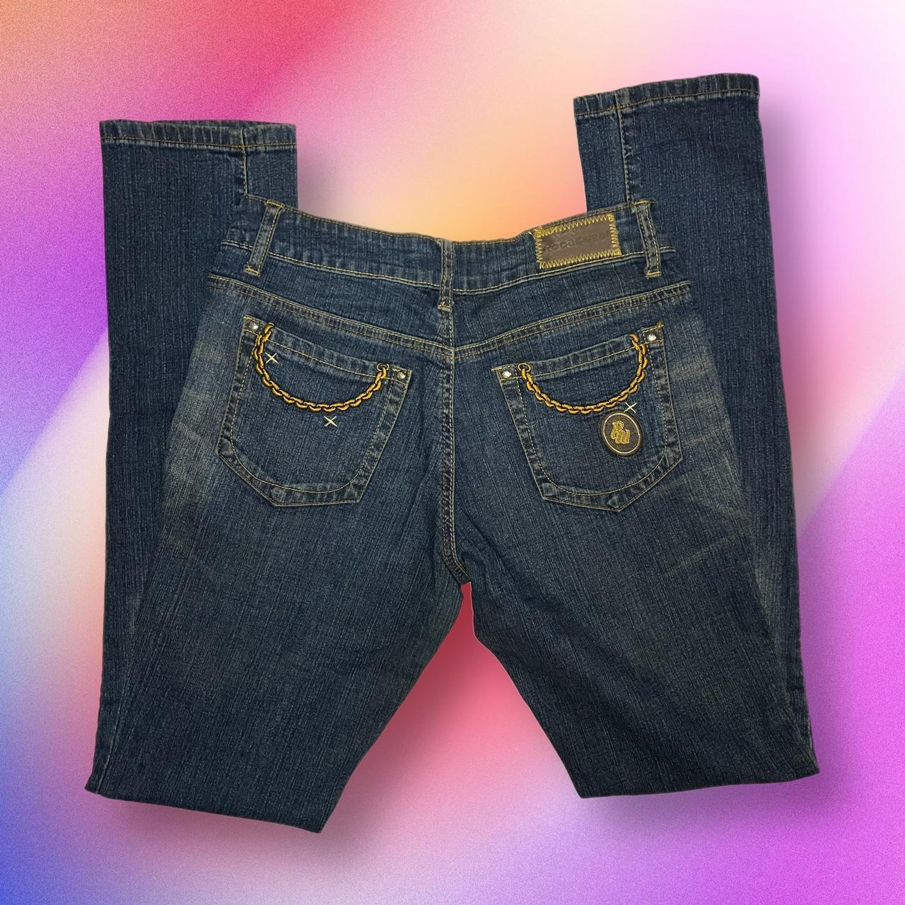 ⛓️‍💥⚜️ Rocawear denim jeans with embroidered gold chain... | Depop