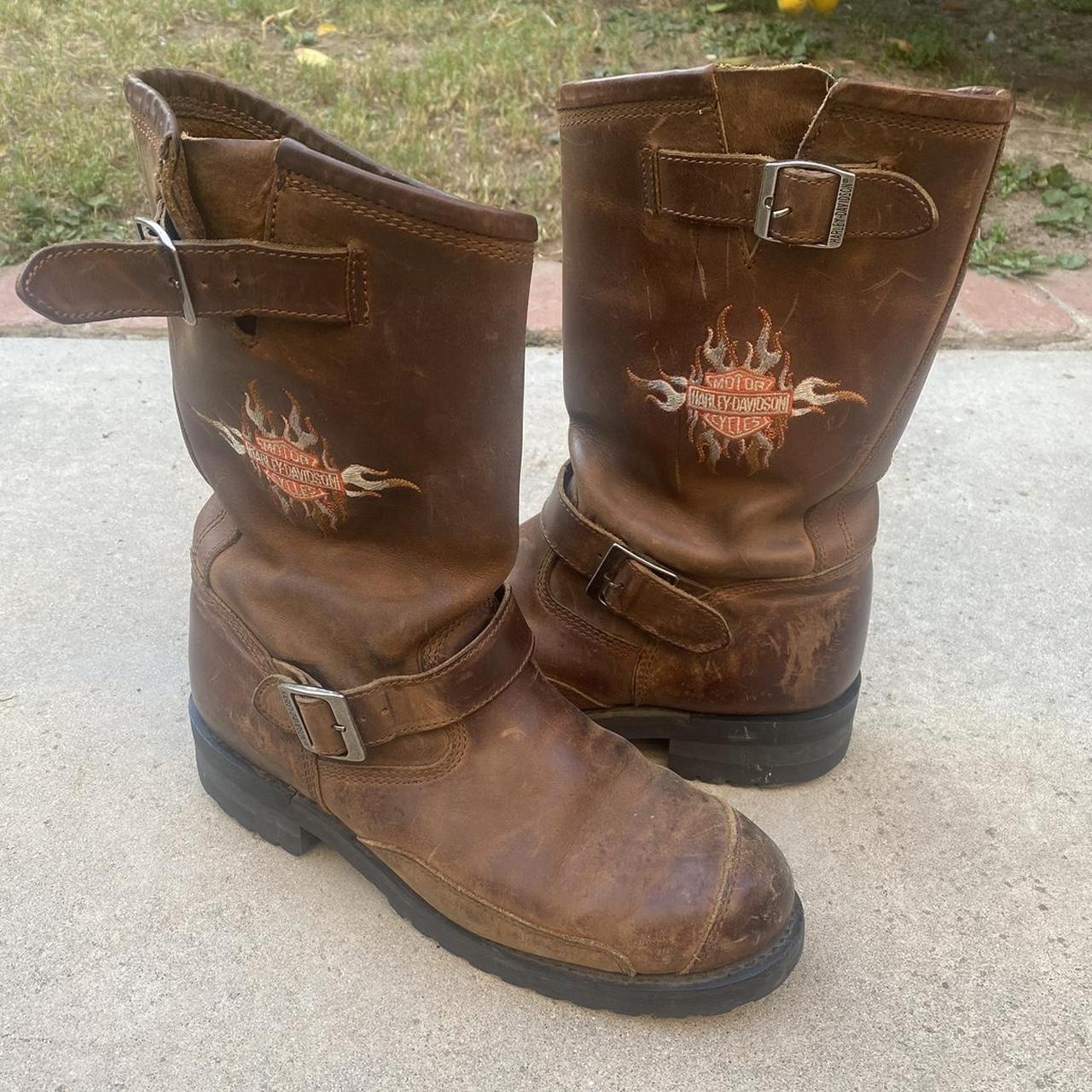 these dope brown leather heeled harley davidson... - Depop