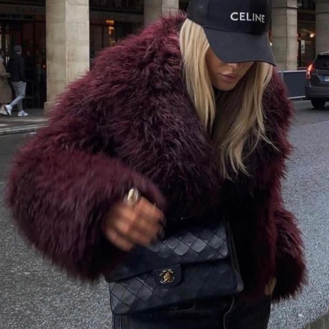 Cropped Burgundy faux fur coat #burgundy #fauxfur... - Depop