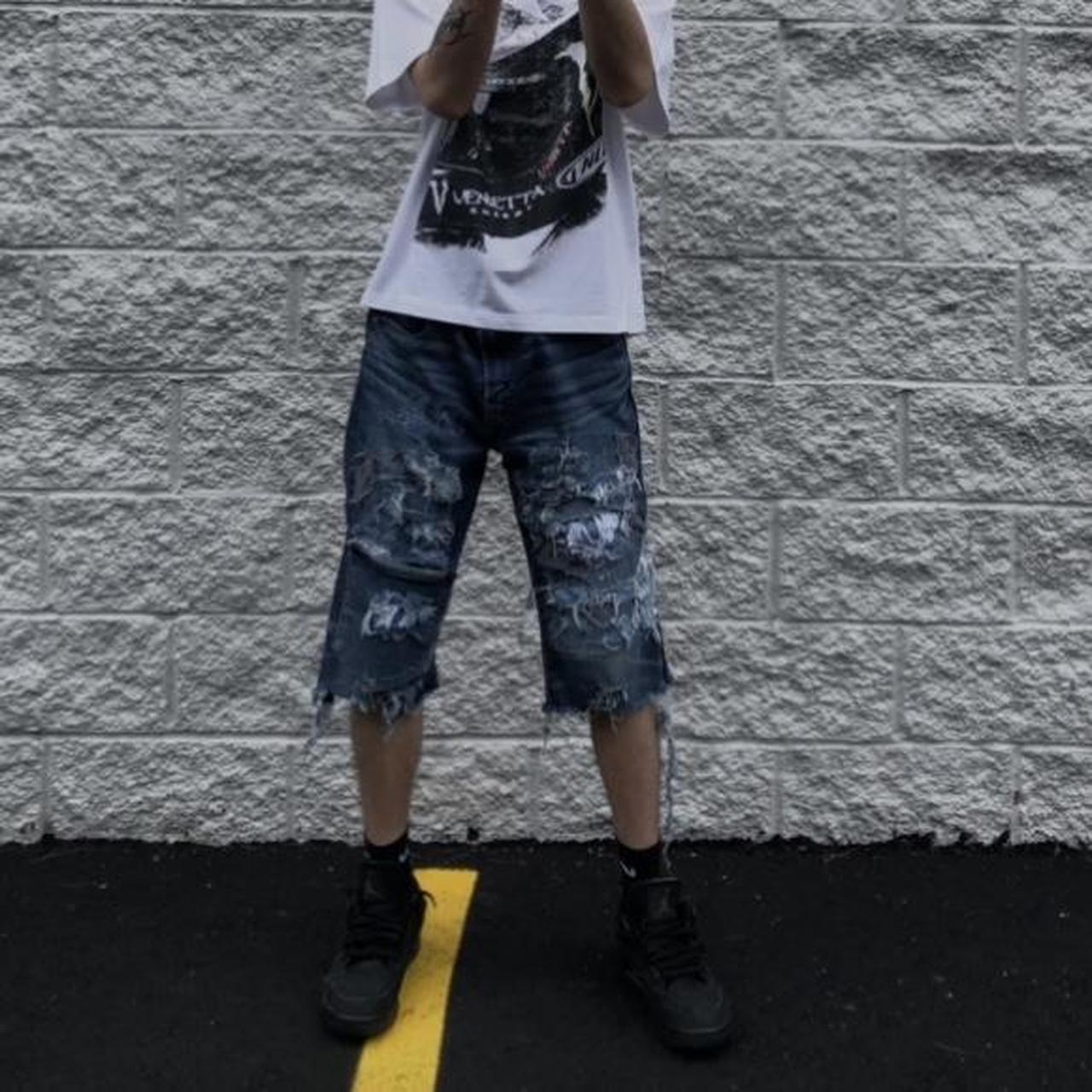 my bf made these crazy distressed reworked jorts... - Depop