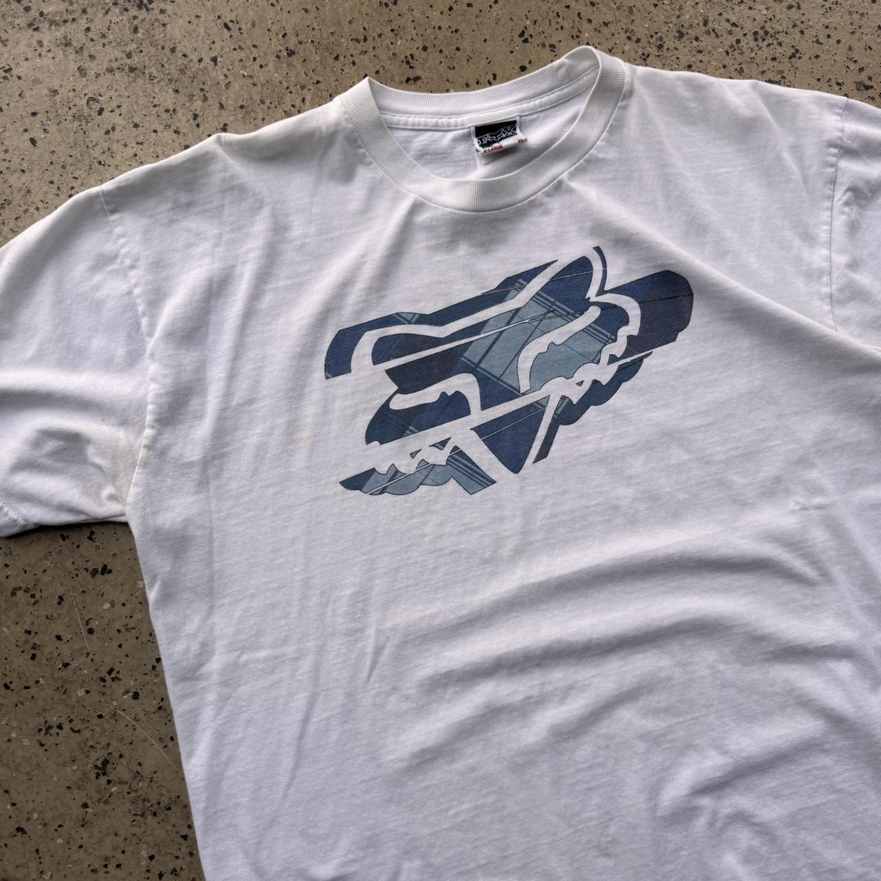 Y2K 00s Fox Racing White and Blue Tee - size XL... | Depop