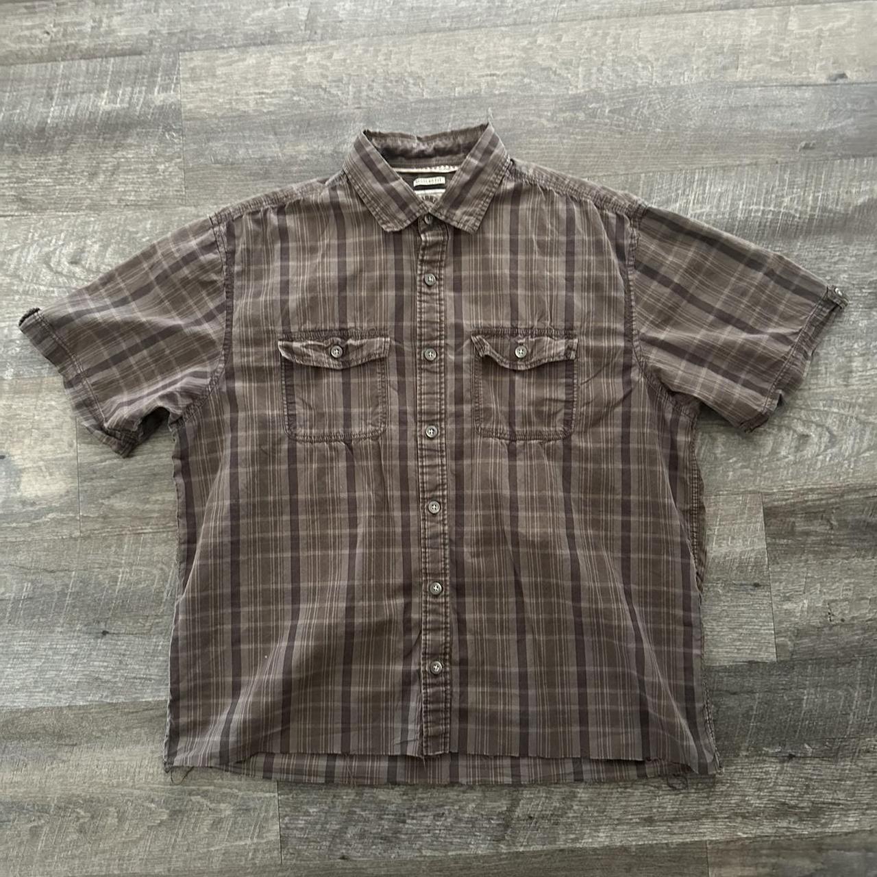 Brown and tan plaid short sleeve button up shirt... - Depop