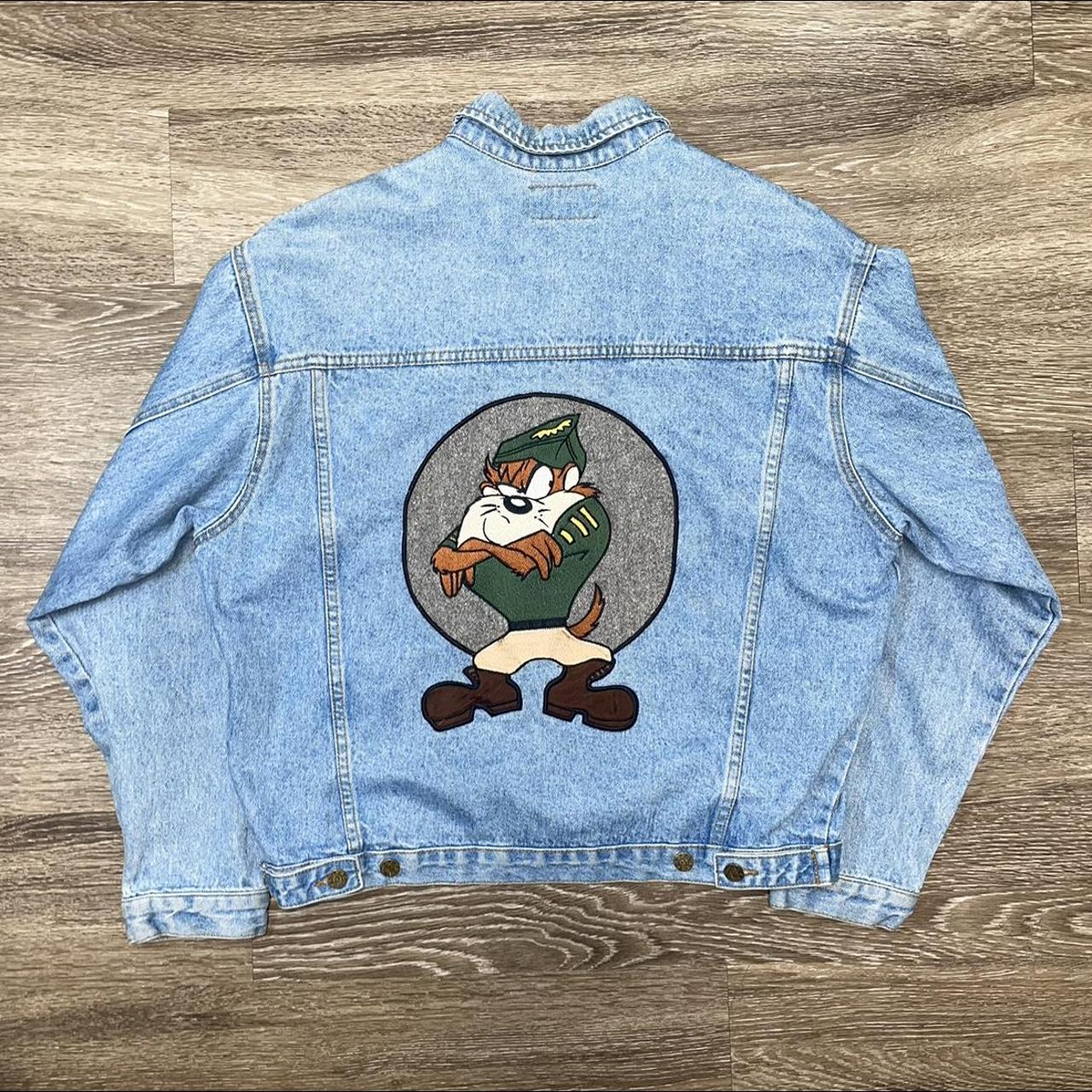 92’ military Taz denim jacket Tagged XL Measurements... - Depop