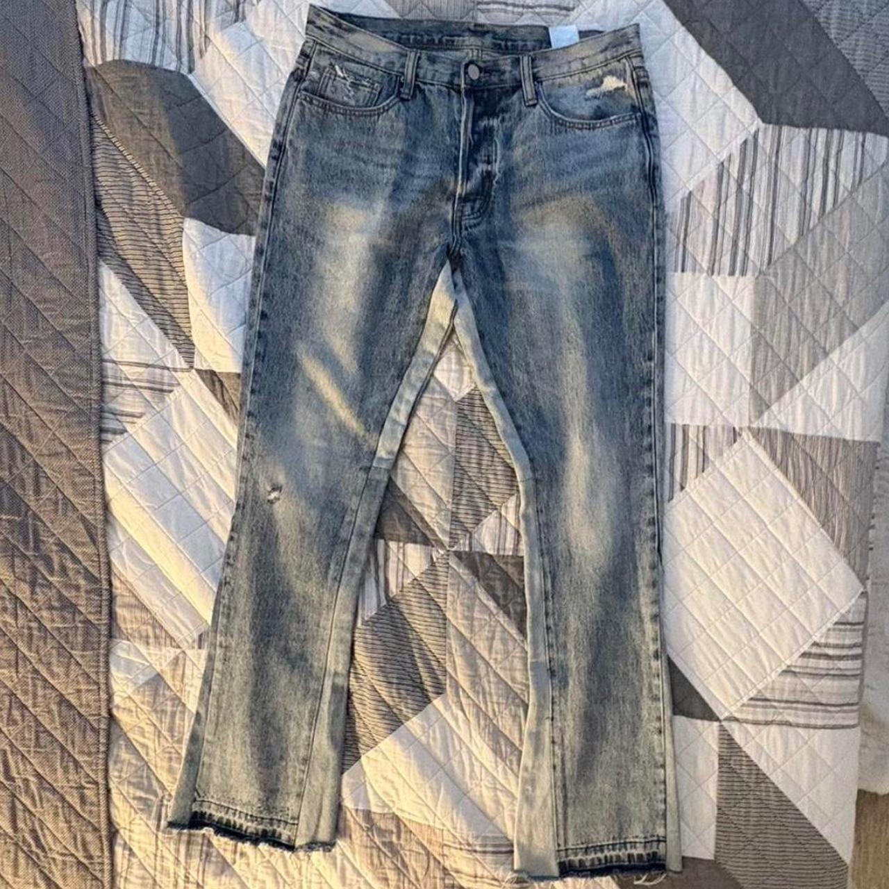 MNML flared jeans w distressing on bottom #grunge... | Depop