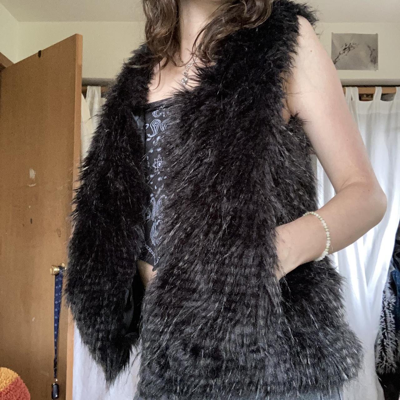 black fur fuzzy vest perfect for festival season and... - Depop
