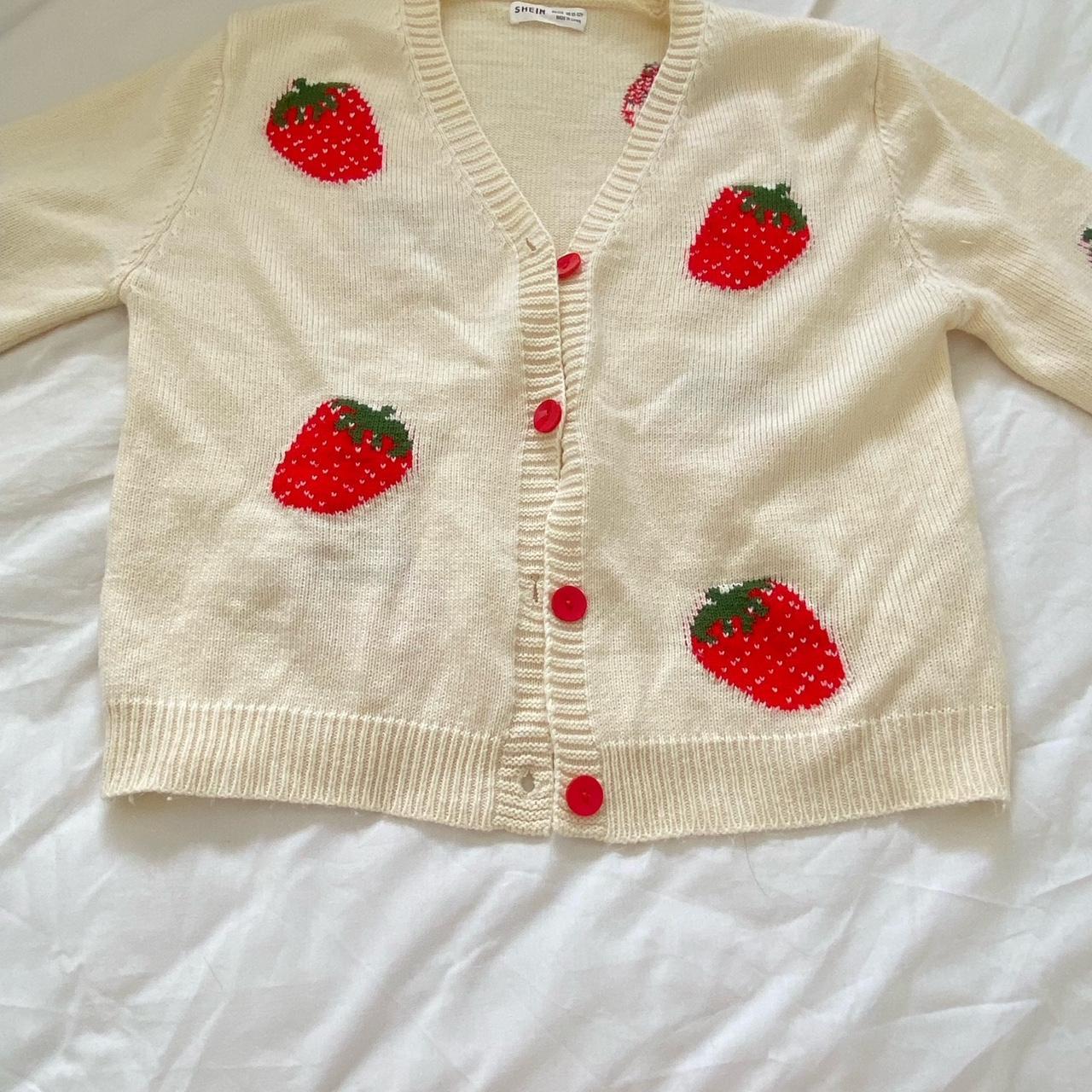 Shein cute strawberry cardigan Size 12-13, fits an... - Depop