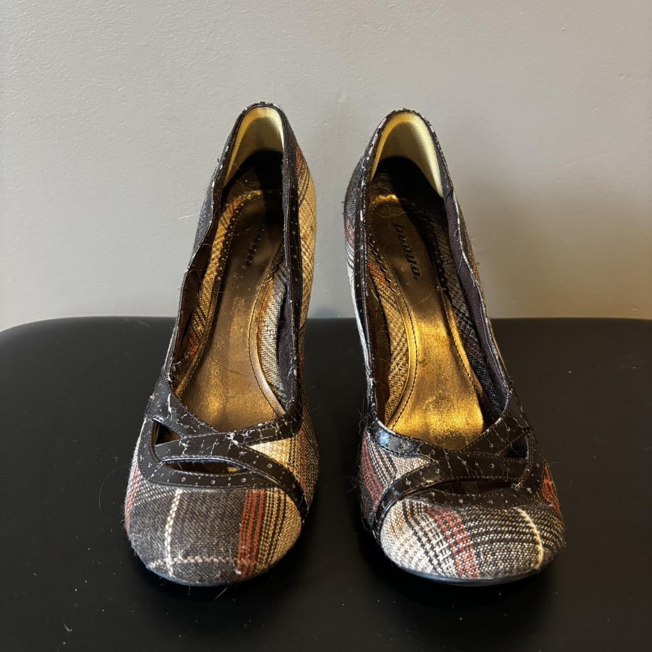 Brown and tan plaid bongo heels, size 9 with a... | Depop