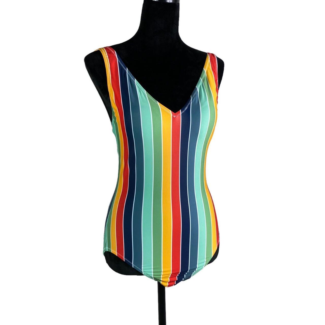 Modcloth Women's Rainbow Stripe One Piece Swimsuit... - Depop