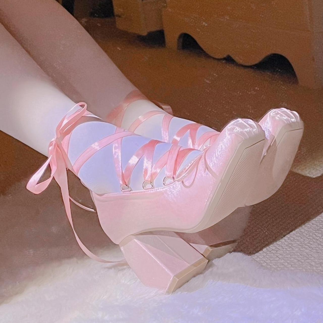 Ballet slipper style heels in a satin pink fabric.... - Depop