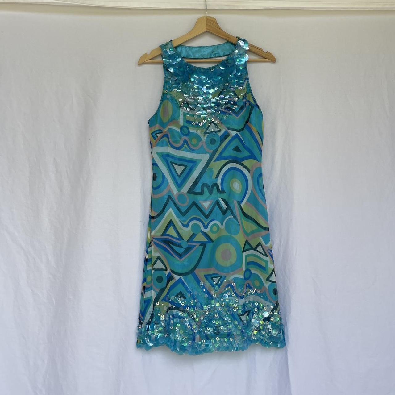 Y2k Sue Wong Blue and Green Silk Abstract Midi Dress... - Depop