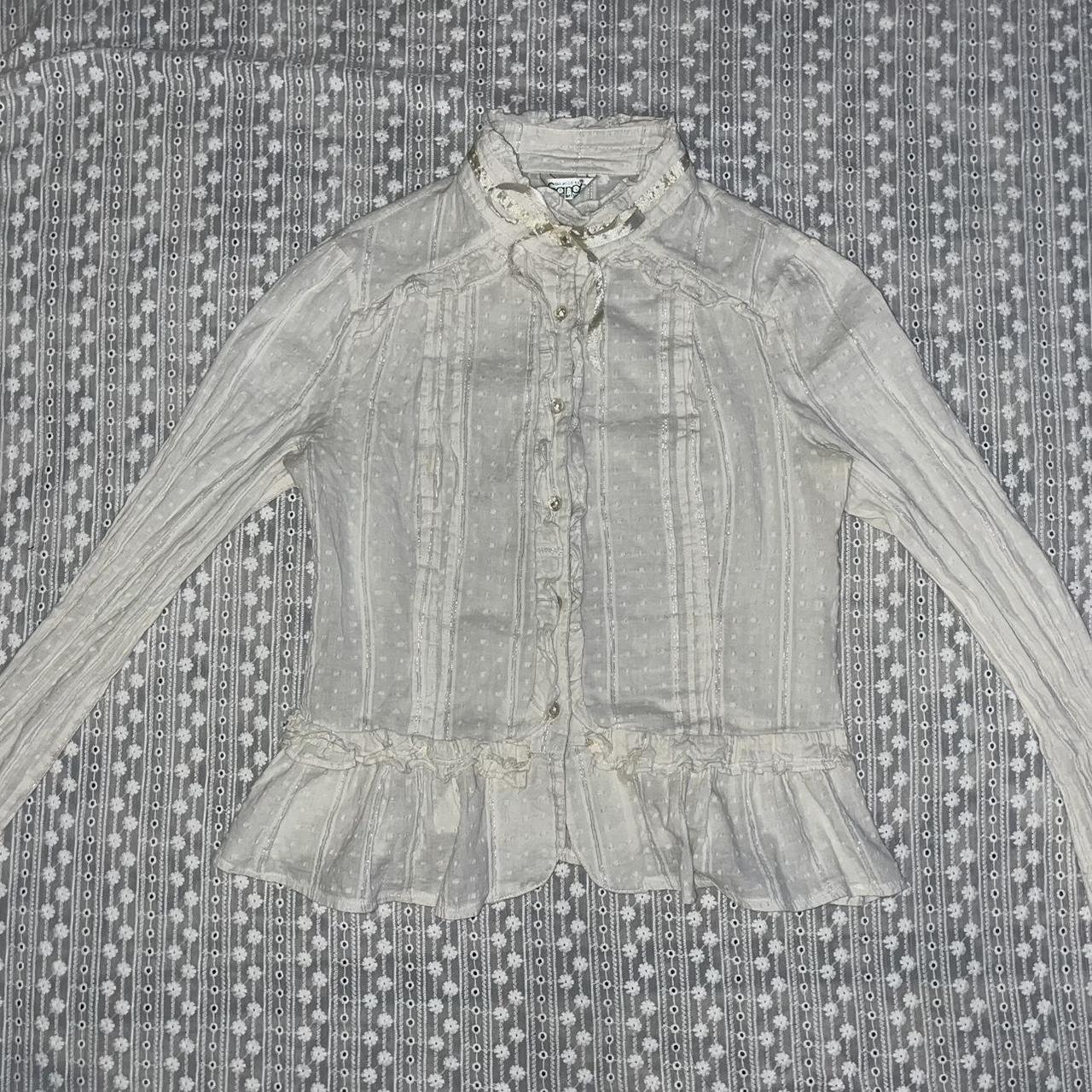 White frilly button-up blouse with a bow#cottagecore | Depop