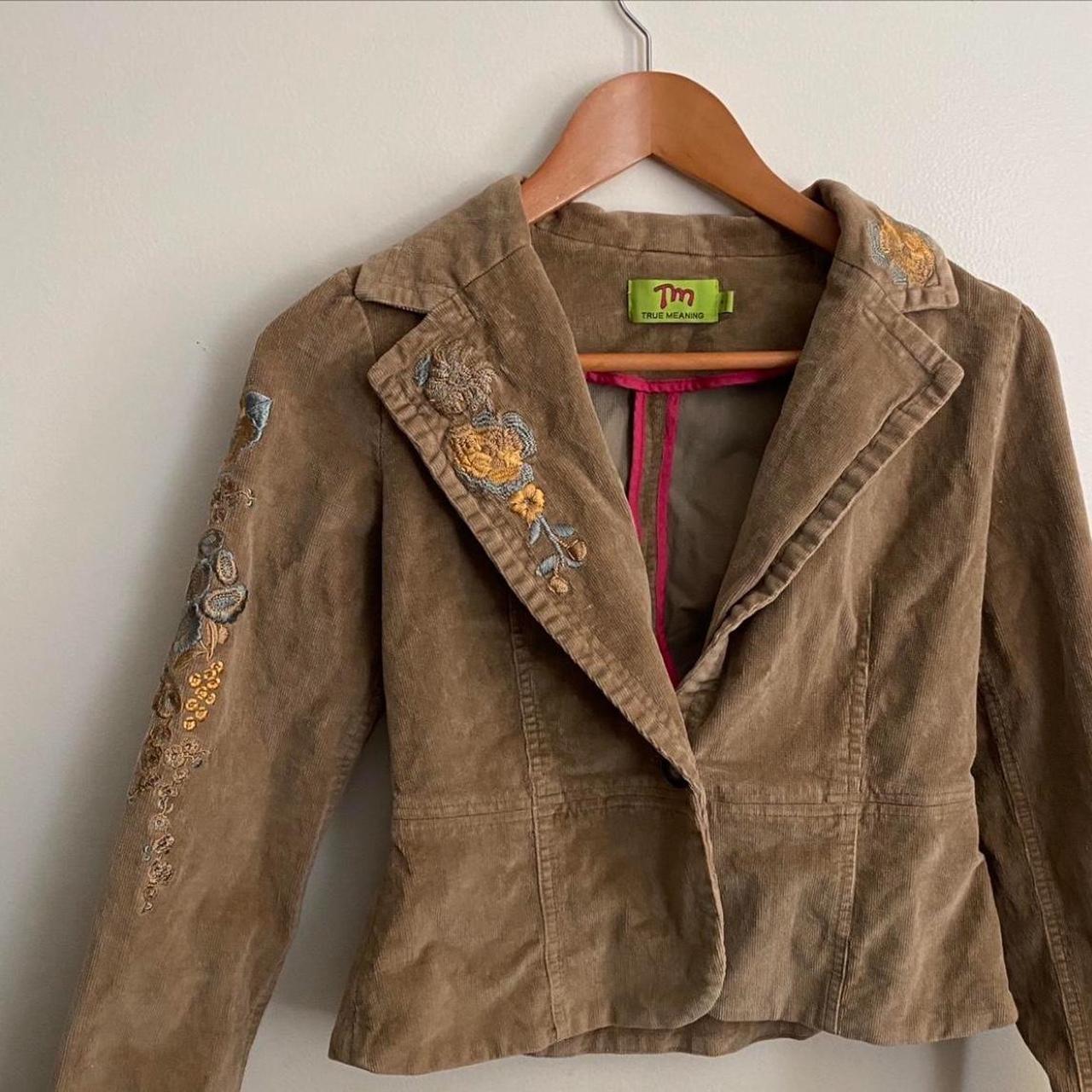 Brown corduroy women’s tapered jacket with floral... | Depop