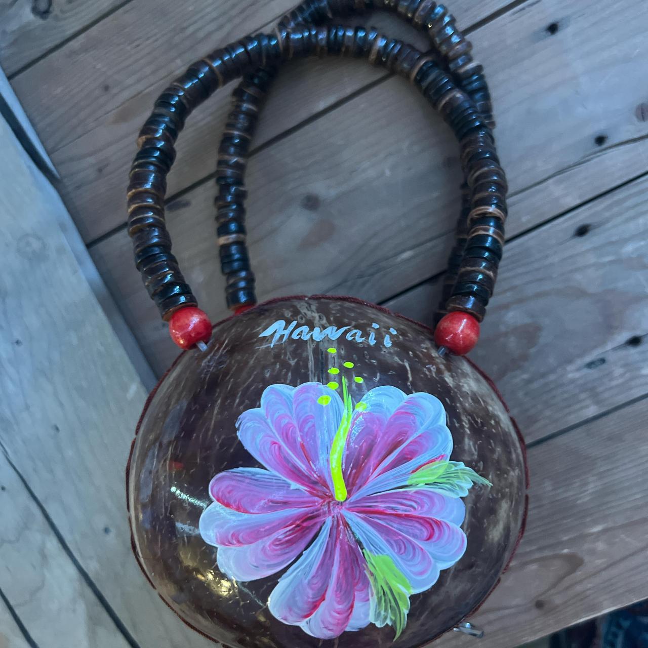 Boho-chic coconut shell bag with red beaded strap... | Depop